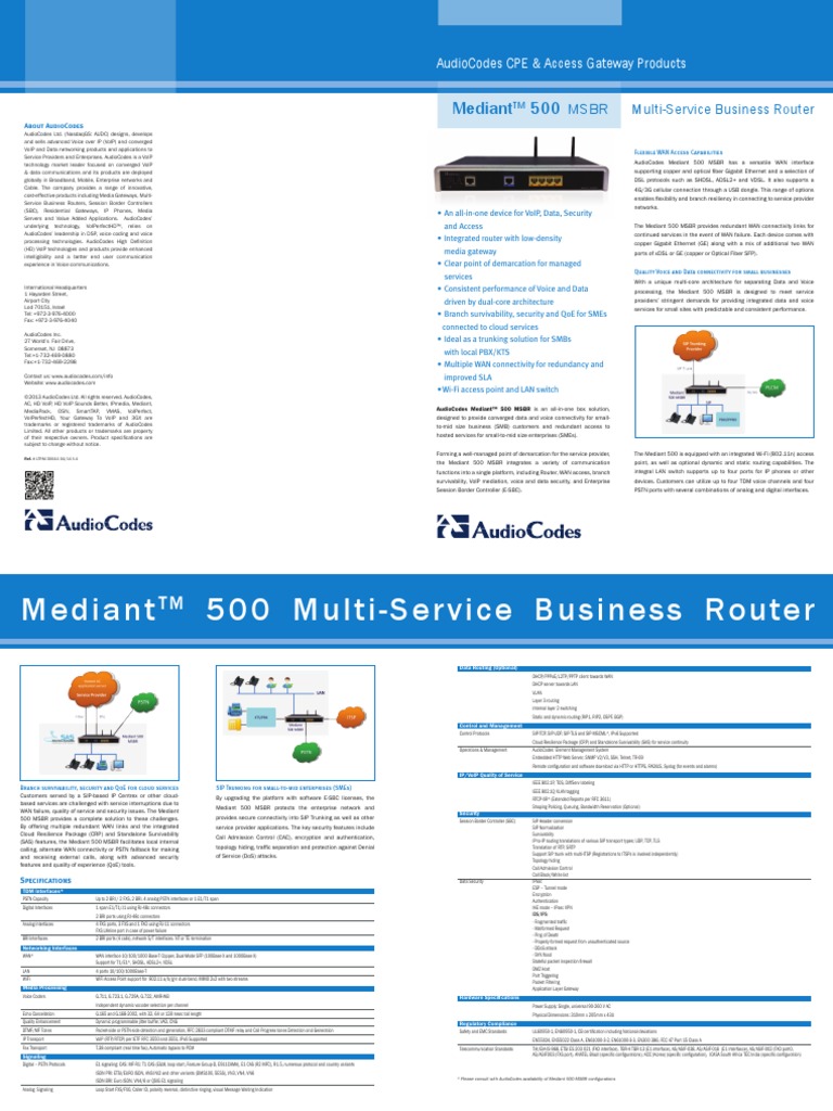 Mediant 500 MSBR Datasheet | PDF | Voice Over Ip | Session Initiation ...