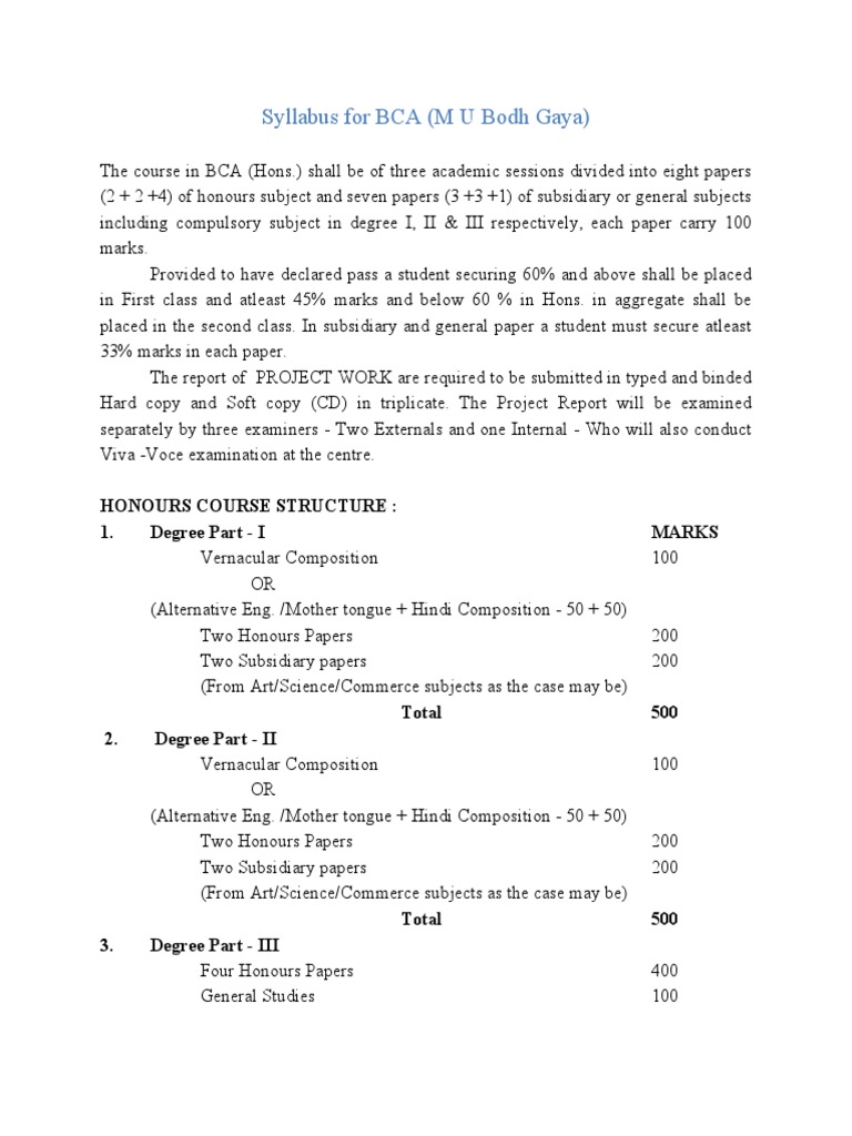 Syllabus For BCA (M U Bodh Gaya) : Honours Course Structure: 1. Degree Part - I Marks | PDF ...