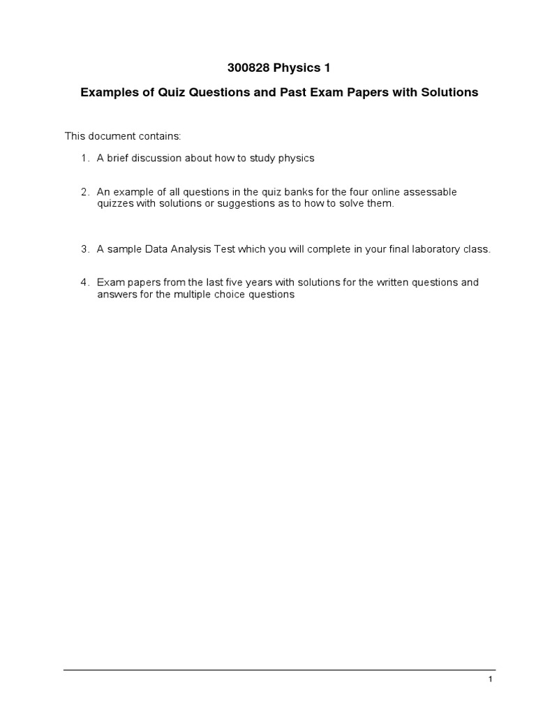 Physics 1 Examples of Quiz Questions and Past Exam Papers With ...