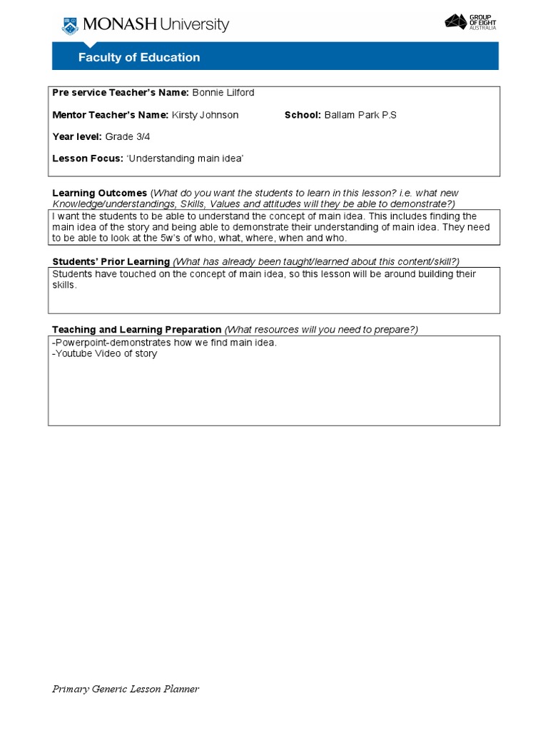 Main Idea Lesson Plan | PDF | Lesson Plan | Learning