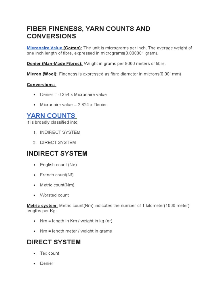 Fiber Fineness, Yarn Counts and Conversions | PDF | Clothing Industry ...