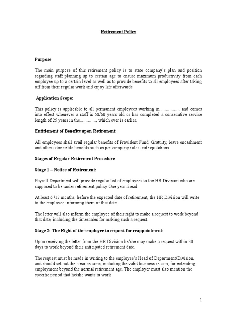 Employee Retirement Policy Overview | PDF | Board Of Directors | Employment