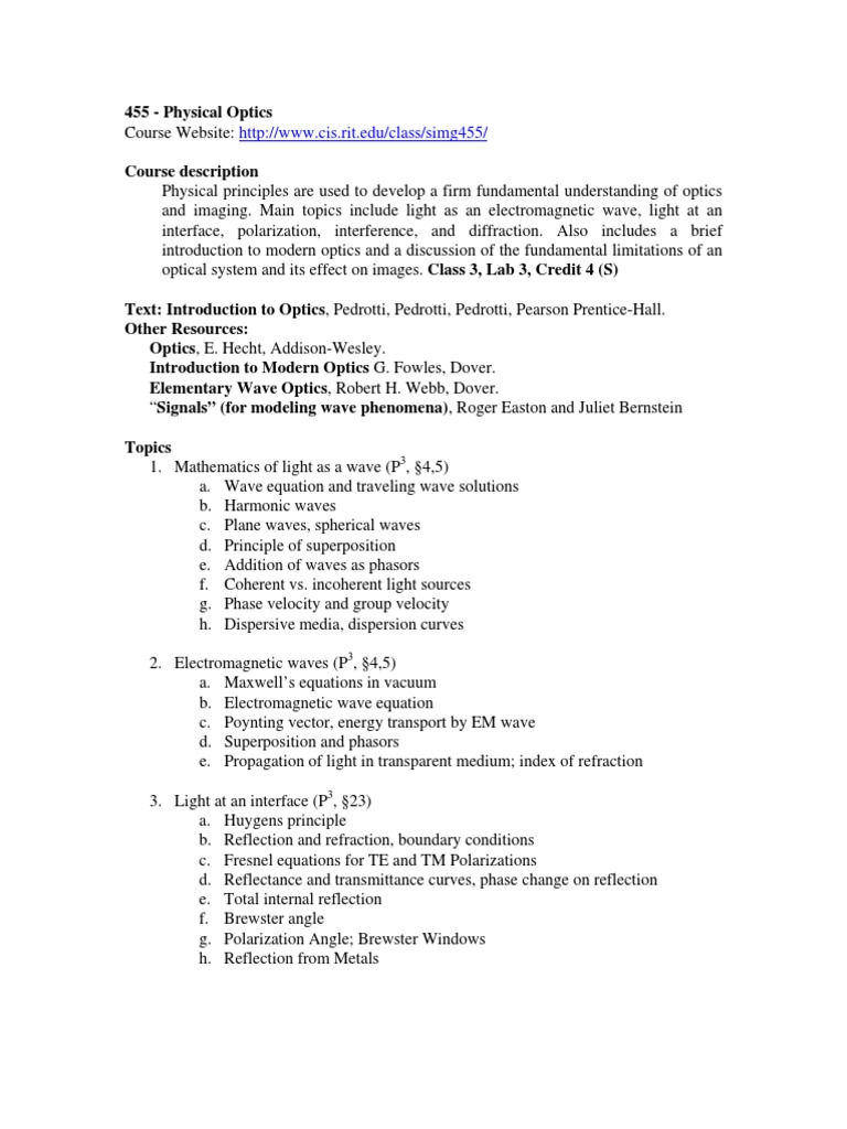 1051-455 Physical Optics Outline 20073 | PDF