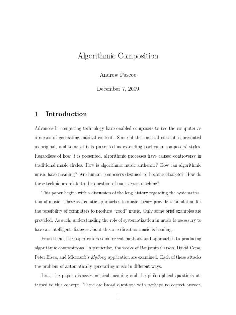 Algorithmic Composition: Andrew Pascoe December 7, 2009 | PDF | Harmony ...