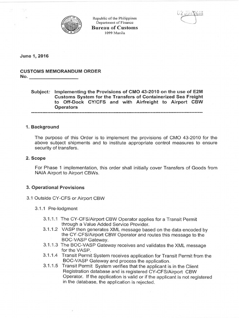CMO 13-2016 Implementing Provisions of CMO 43-2010 Use of e2m Customs ...