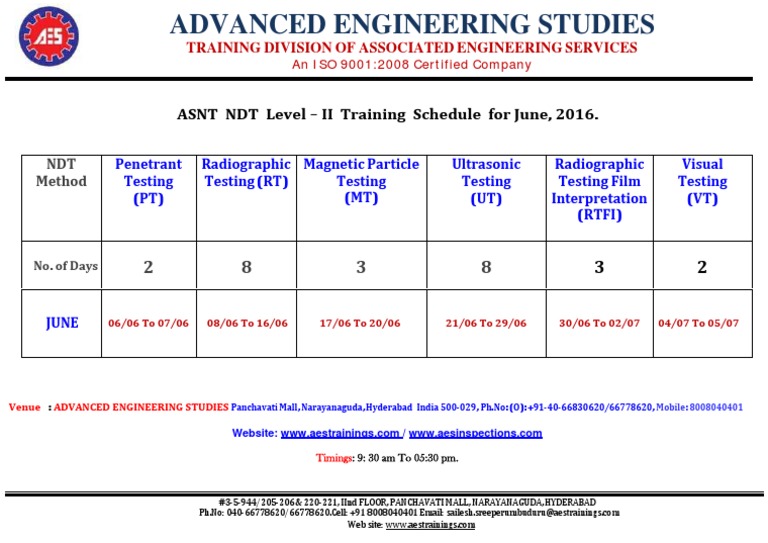 NDT Level II Training Schedule June 2016 | PDF