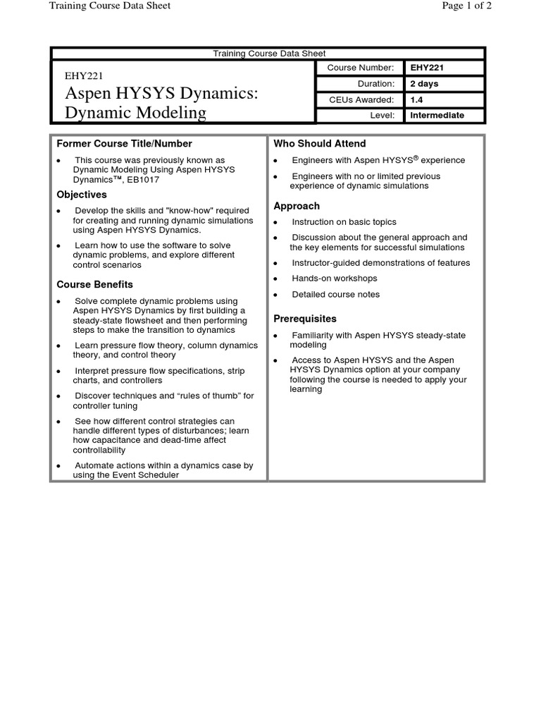 Aspen HYSYS Dynamics: Dynamic Modeling: Former Course Title/Number Who ...