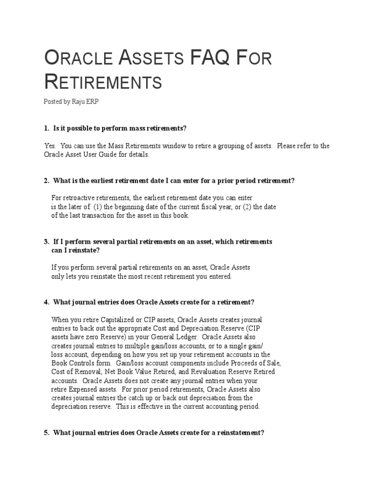 Oracle Assets Retirement FAQ Guide | PDF | Book Value | Depreciation