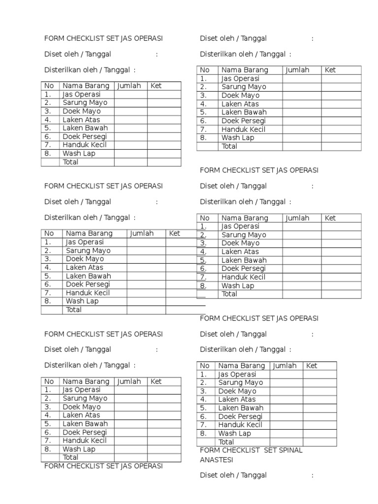 Form Checklist Set Jas Operasi | PDF