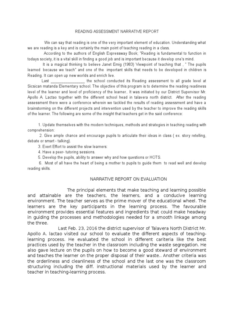 Reading Assessment Narrative Report | Reading Comprehension | Applied ...