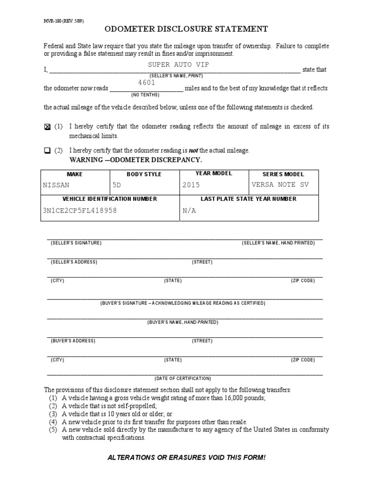 Odometer Disclosure Statement: Super Auto Vip | PDF