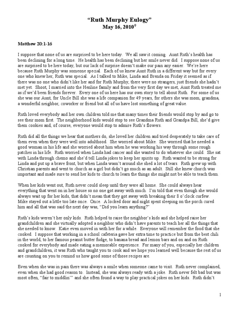 The Life of Ruth Murphy - A Eulogy (05/16/10) | PDF | United Methodist ...
