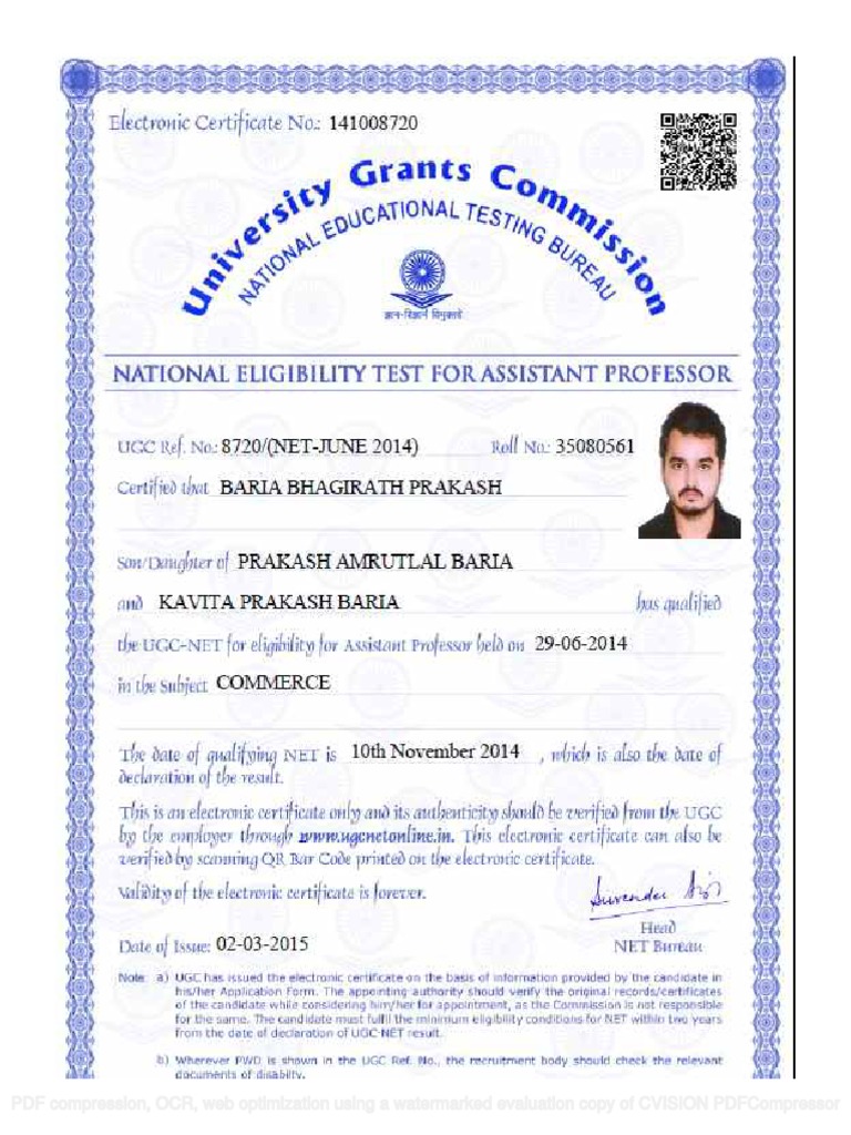 Sample of UGC NET Certificate | PDF