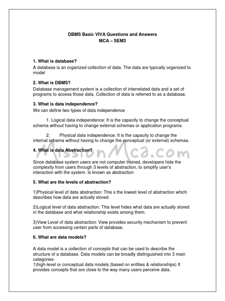 DBMS Viva Questions MCA Idol | PDF | Databases | Database Transaction