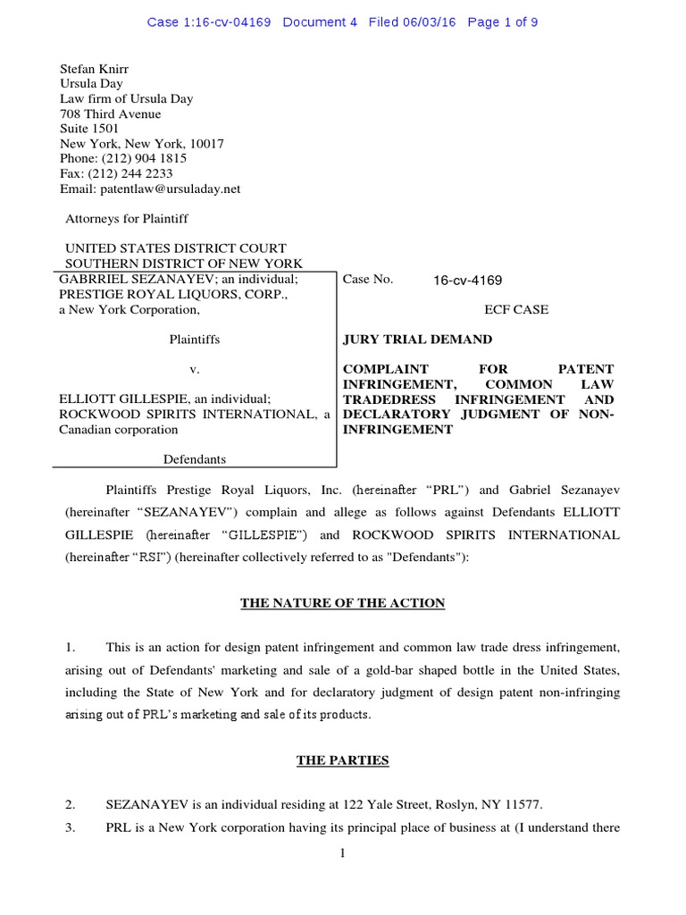 Sezanayev v. Gillespie - Complaint | Download Free PDF | Patent Infringement | Declaratory Judgment