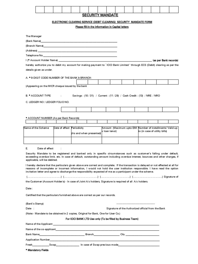 ICICI Bank ECS Security Mandate Form | PDF | Finance & Money Management