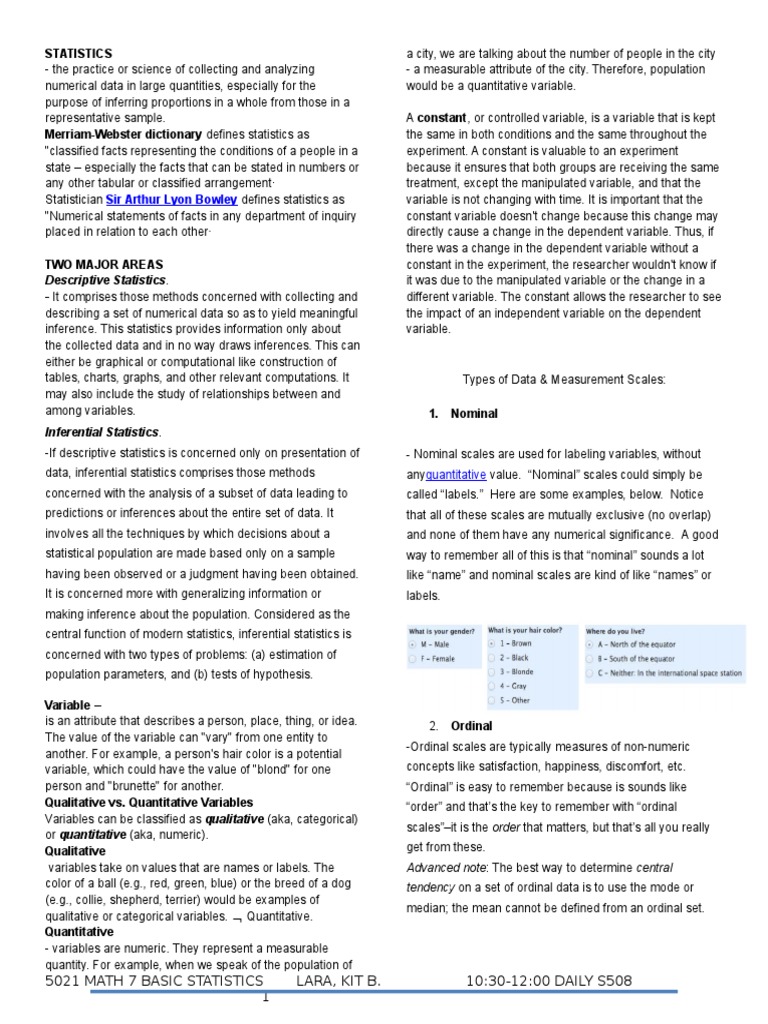 Basic Statistics Lecture Notes | PDF | Sampling (Statistics) | Level Of ...