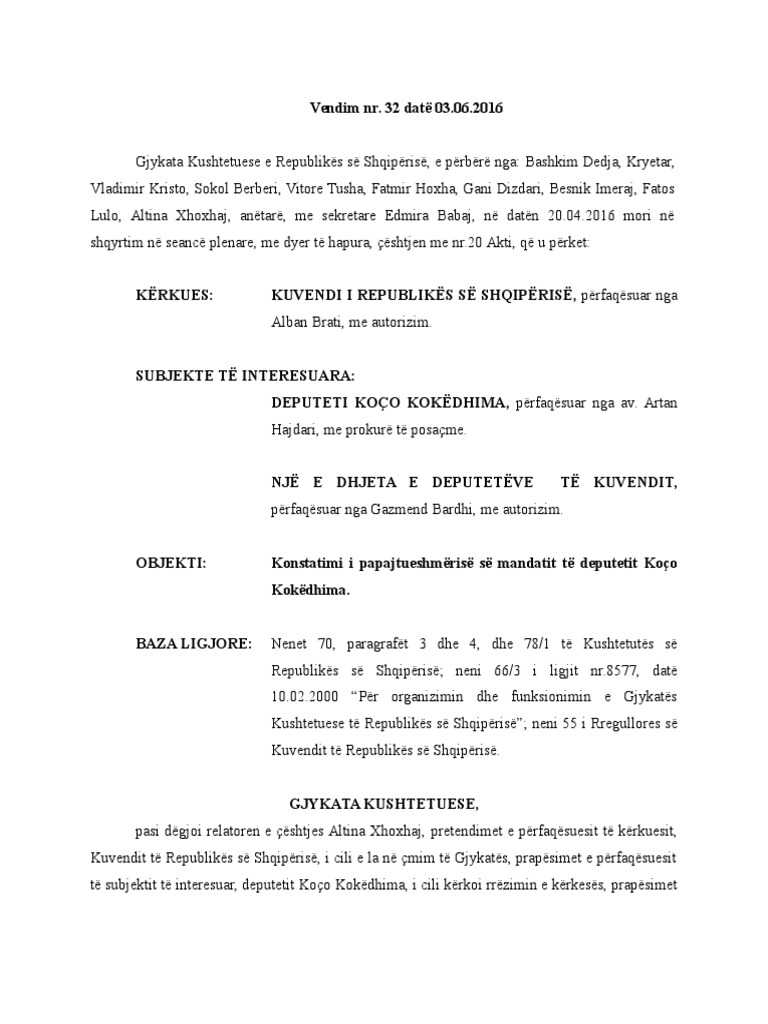 Vendimi I Gjykatës Kushtetuese Për Mandatin e Koço Kokëdhimës | PDF