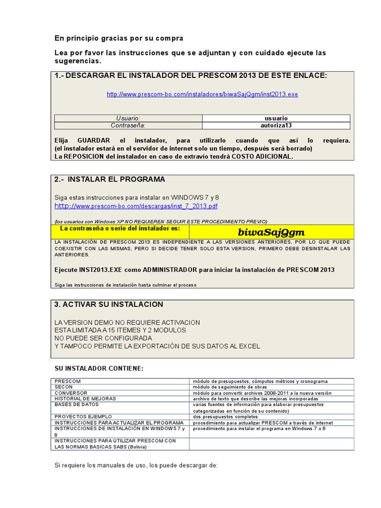 Instrucciones para instalar PRESCOM 2013 | PDF | Windows 7 | Microsoft Windows