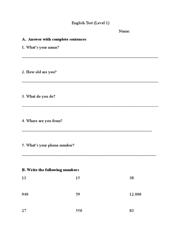 Level 1 English Test Instructions | PDF | Foreign Language Studies