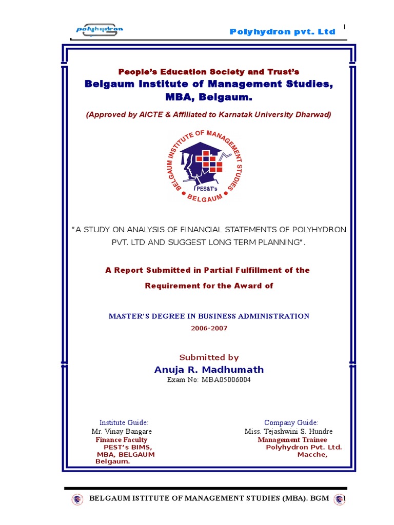 A Study On Analysis of Financial Statements of Polyhydron Pvt. LTD | PDF | Cash Flow Statement ...