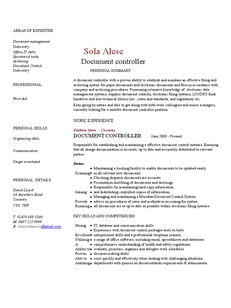Document Controller CV Template | PDF | Databases | Documentation