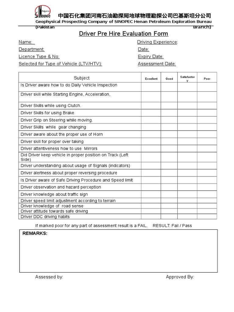 Driver Pre-Hire Evaluation Form | PDF
