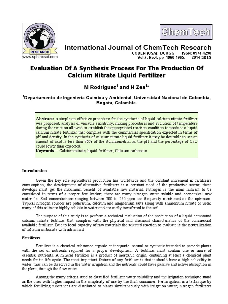 Evaluation of A Synthesis Process For The Production of Calcium Nitrate ...