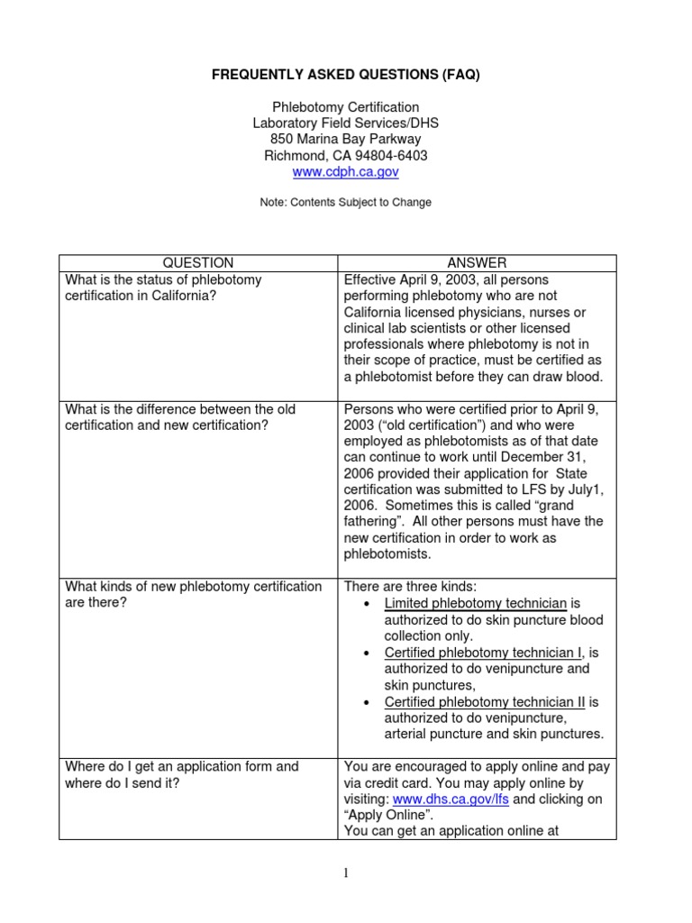 Phlebotomy FAQ071106 | Professional Certification | Health Care
