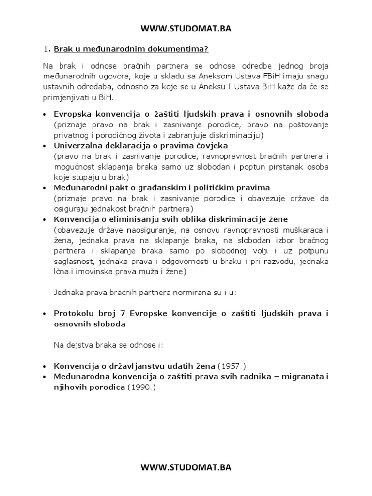 BRACNO PITANJA - Pravni Fakultet U Sarajevu | PDF