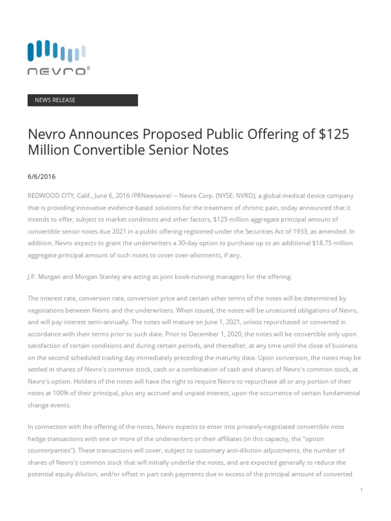 Nevro Announces Proposed Public Offering of 125 Million Convertible ...