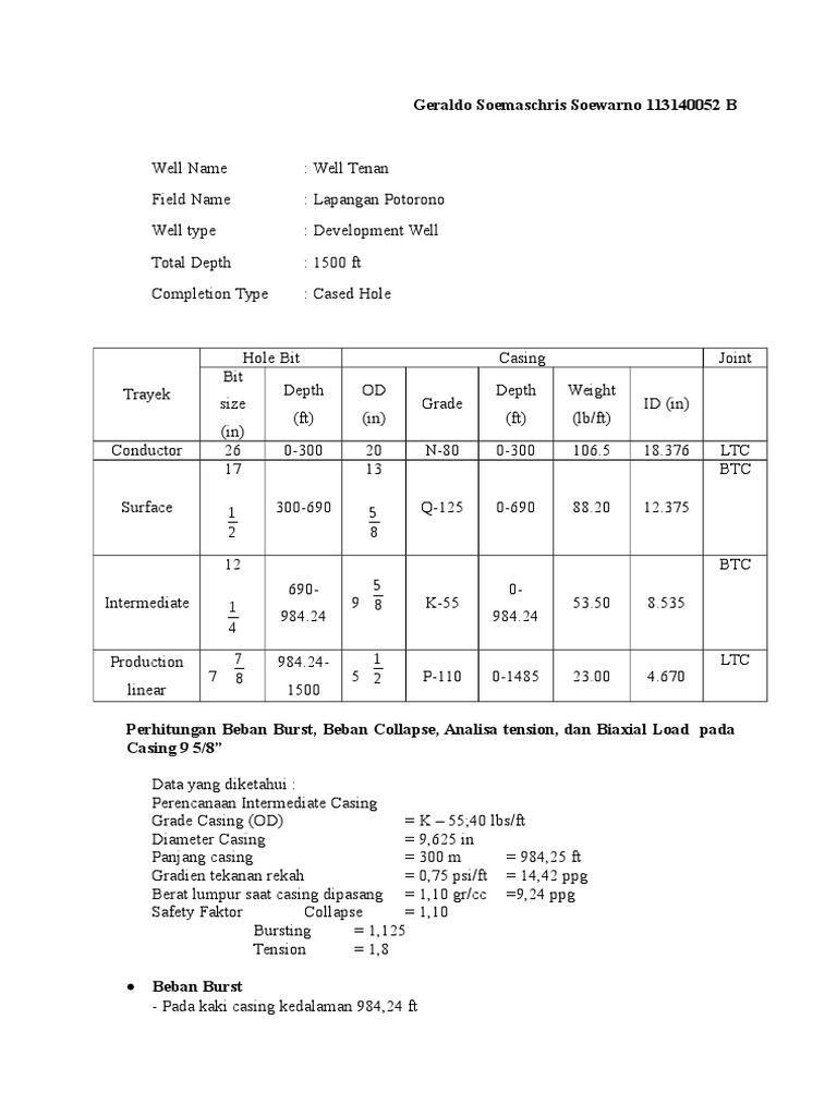 Tugas Tekbor Desain Casing + Hitungan Beban | PDF