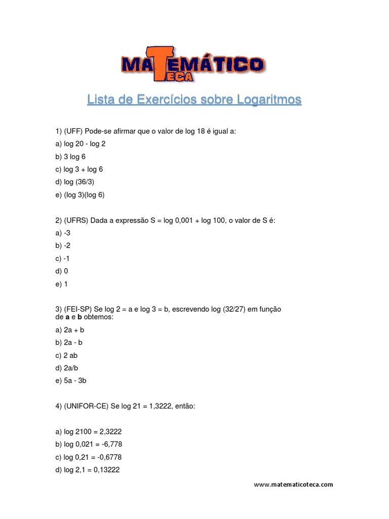 Lista de Exercícios Sobre Logaritmos