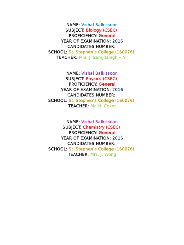 Vishal Balkissoon CSEC Exam Results 2016 | PDF