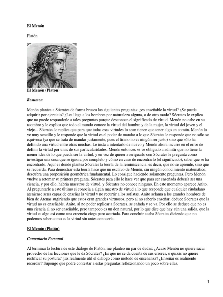 El Menón. Resumen | PDF | Sócrates | Platón
