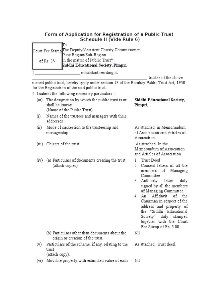 Form of Application For Registration of A Public Trust | PDF ...