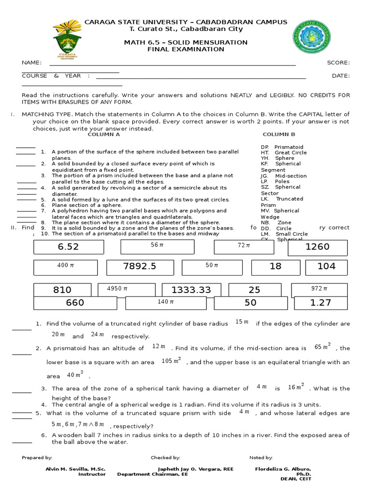 Solid Mensuration Finals | PDF | Sphere | Volume