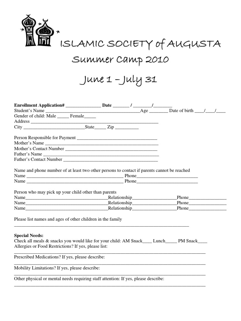 Islamic Society of Augusta Summer Camp 2010 Registration Form | PDF ...