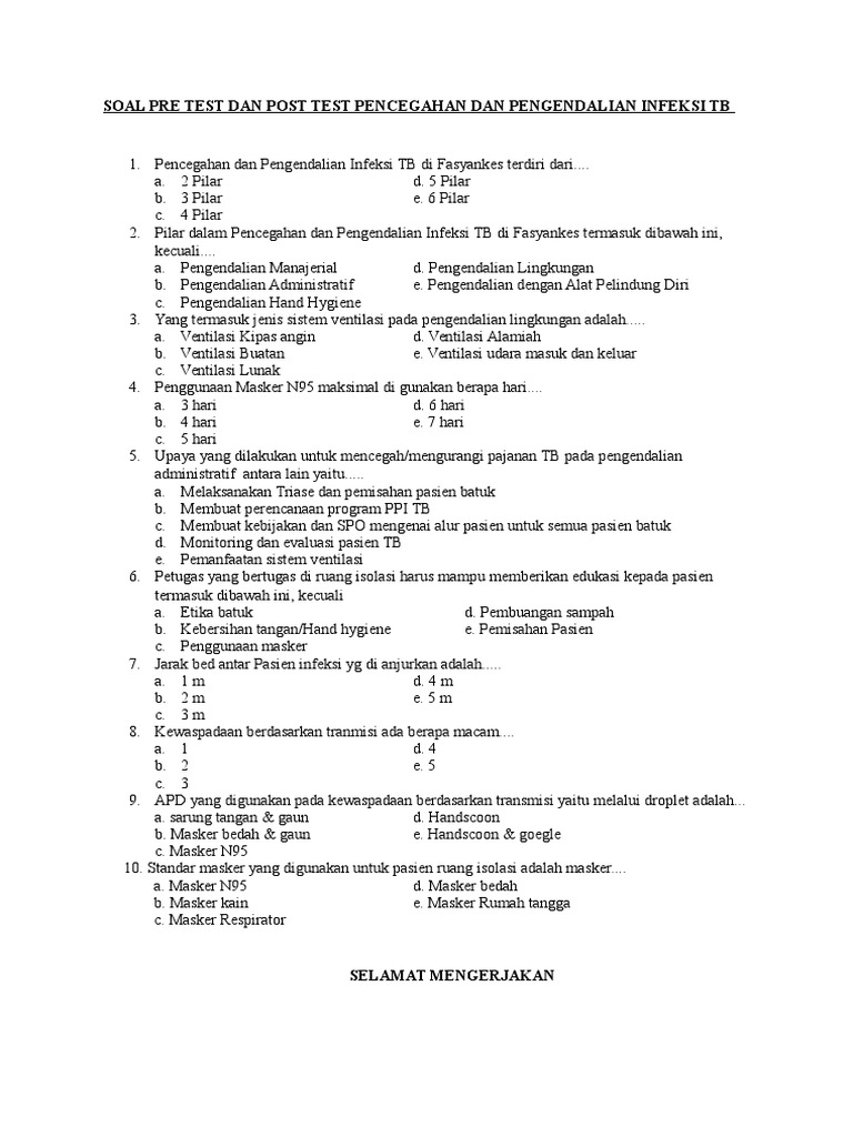 Soal Pre Test Dan Post Test Pencegahan Dan Pengendalian Infeksi Tb