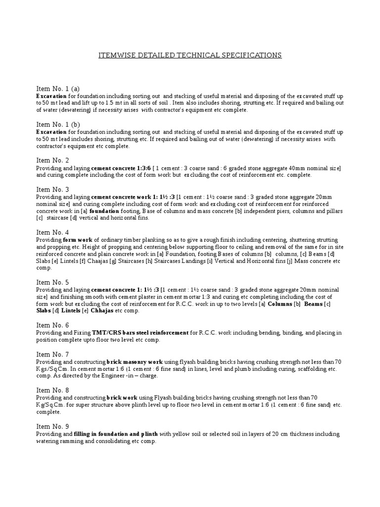 Itemwise Detailed Technical Specification | PDF | Mortar (Masonry ...