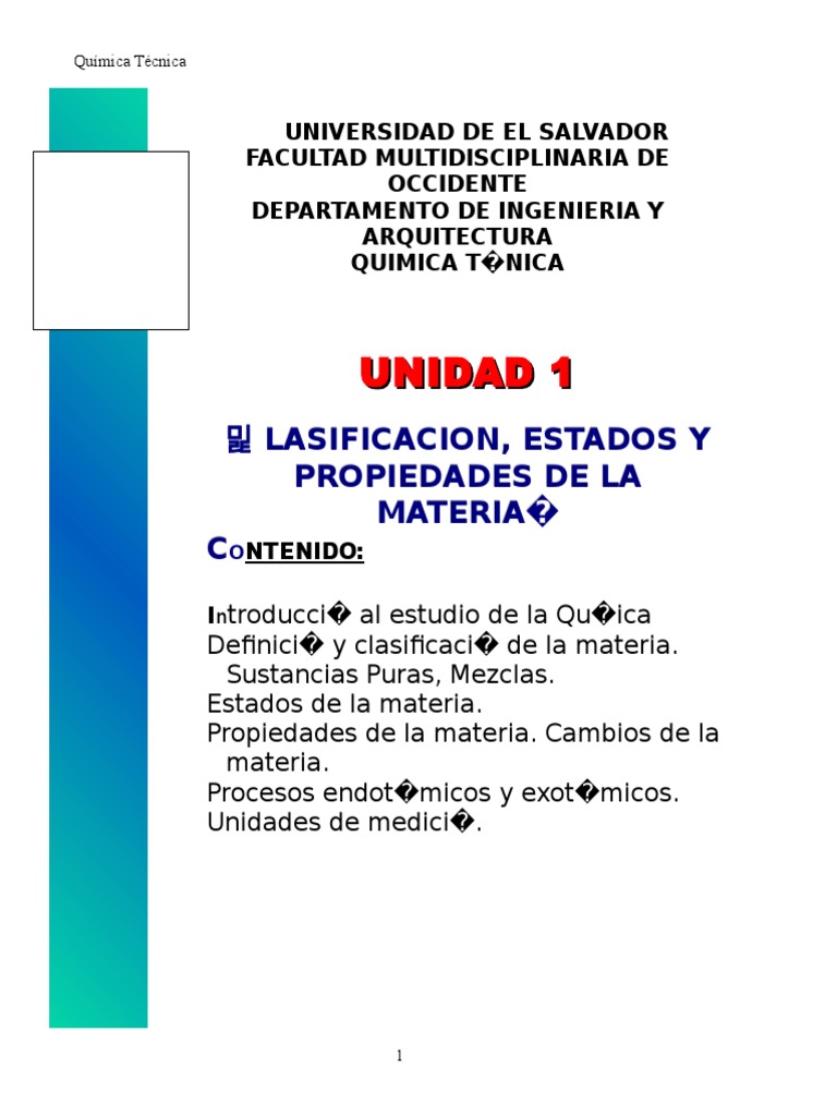 Unidad 1. Clasificacion, Estados y Propiedades de La Materia | PDF ...