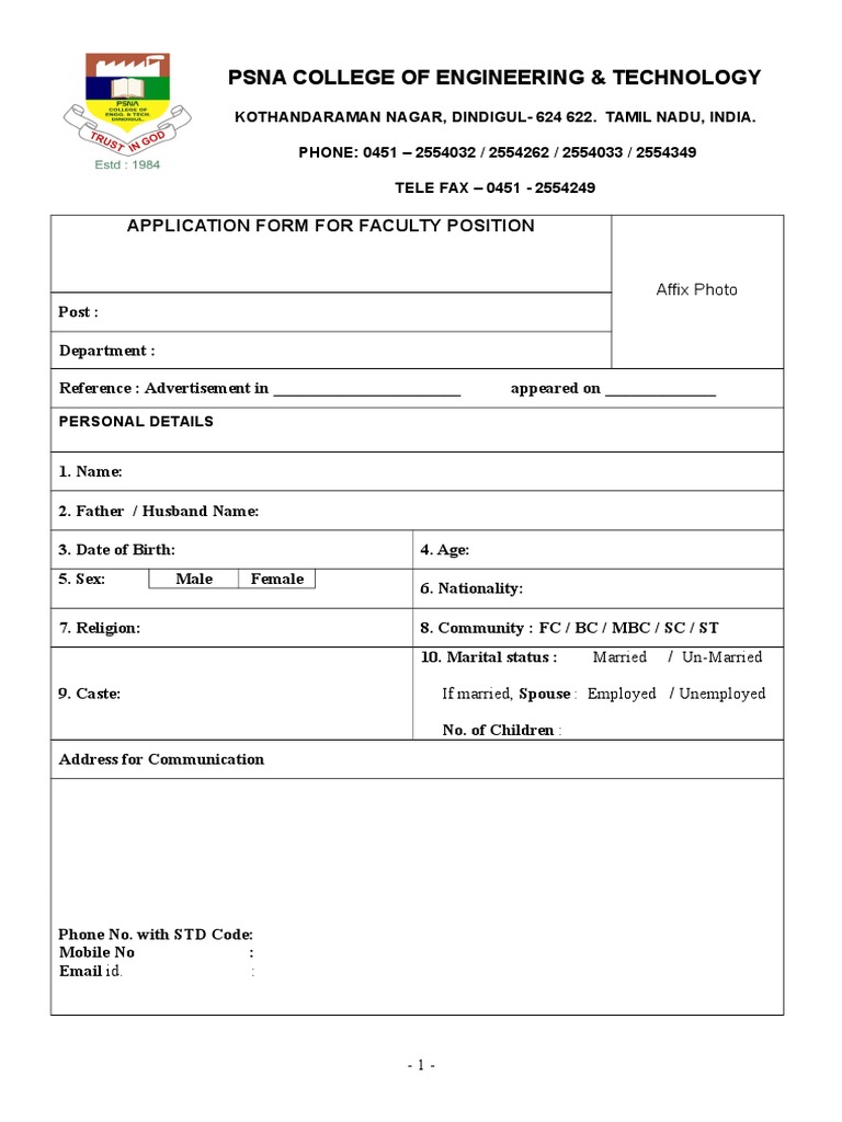 Psna College of Engineering & Technology: Application Form For Faculty ...