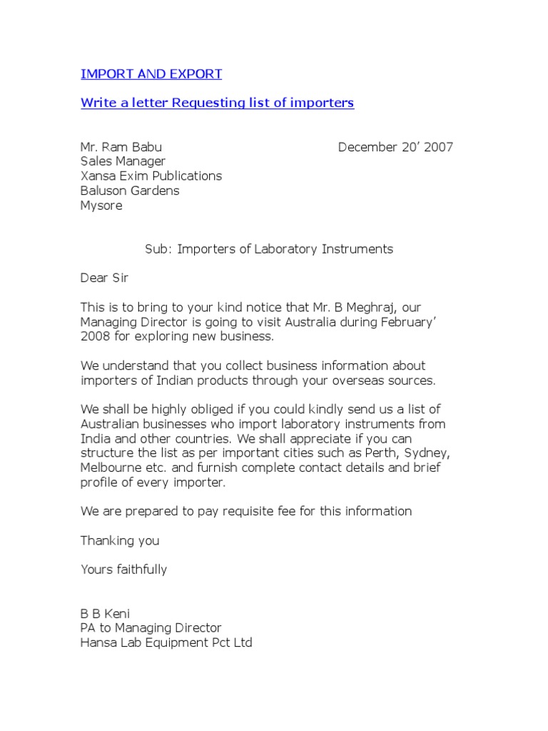 Import and Export Write A Letter Requesting List of Importers | PDF