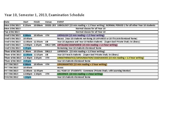 Year 10 Exam Schedule June 2013 | PDF