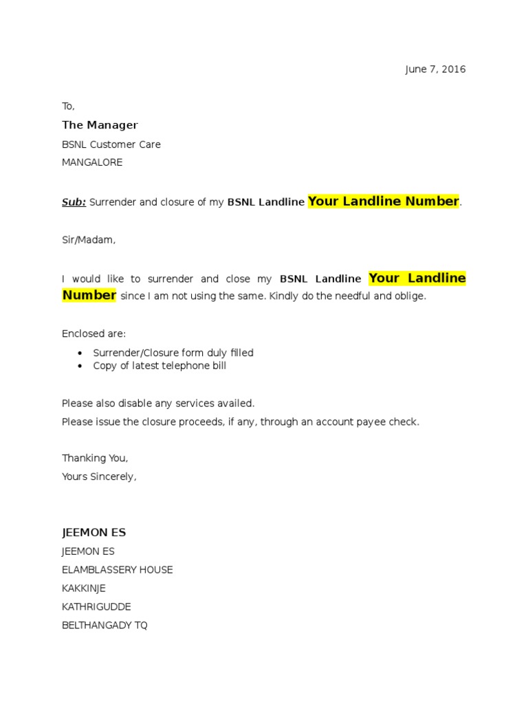 BSNL Landline Surrender Request Letter | PDF | Internet Access ...