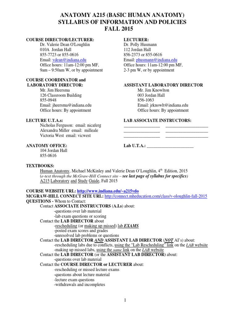 Anatomy A215 (Basic Human Anatomy) Syllabus of Information and Policies ...