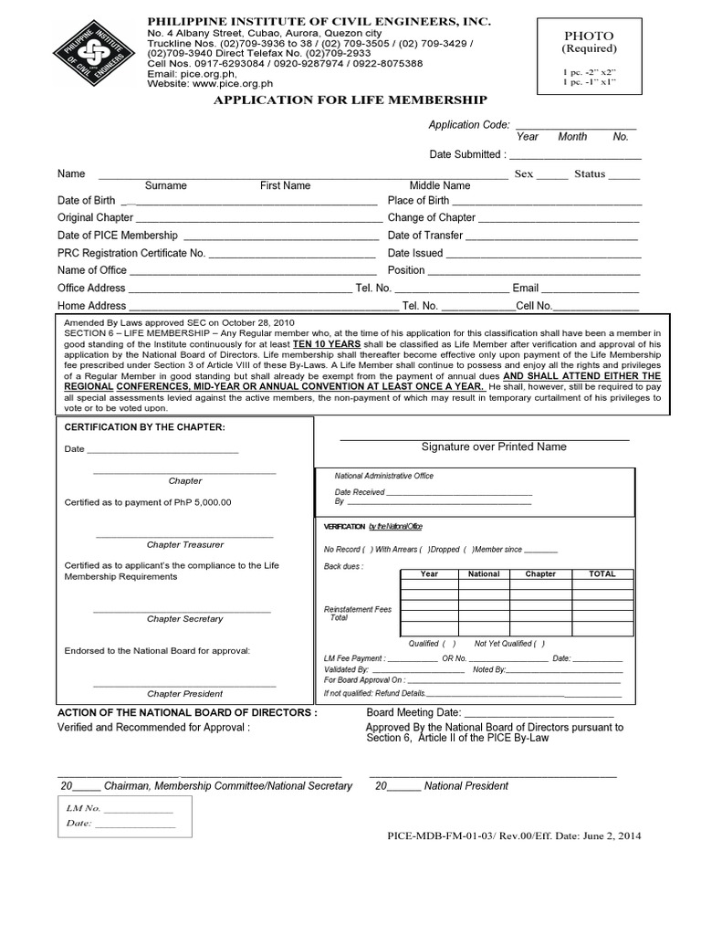 PICE Life Membership Application Form 10yrs | PDF | Virtue | Justice