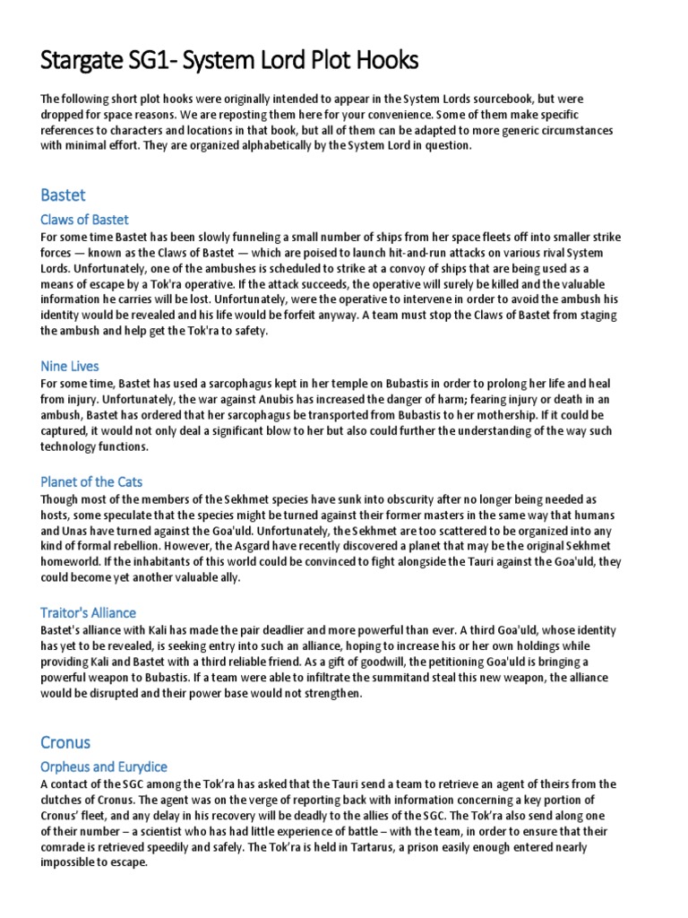 Stargate SG1 - System Lord Plot Hooks | PDF | Mythology Of Stargate | Stargate