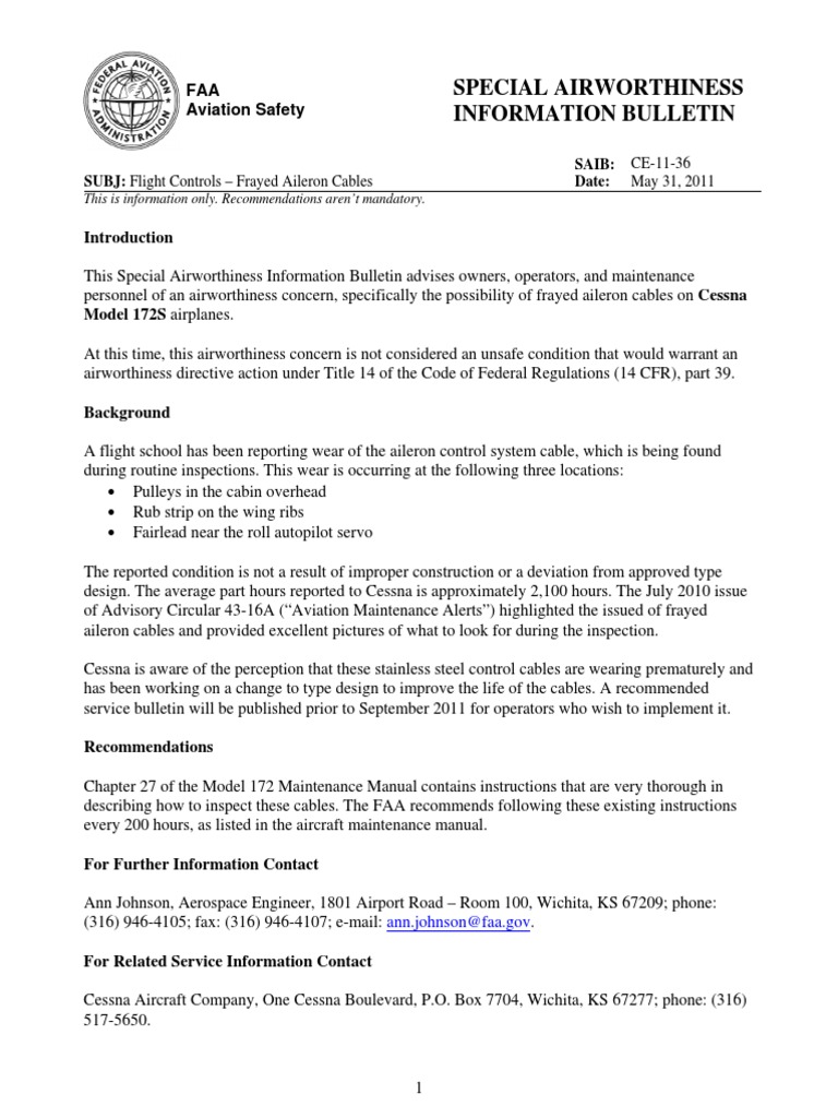 Special Airworthiness Information Bulletin: FAA Aviation Safety | PDF