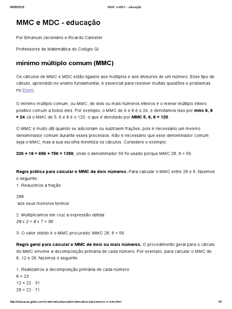 Cálculo de MMC e MDC na Matemática | PDF | Fração (Matemática) | Número ...